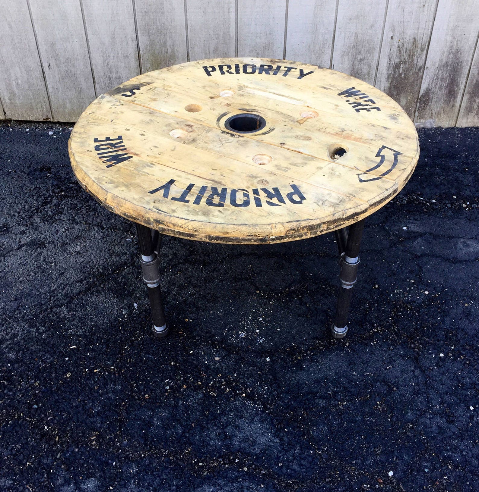 Round Wood Table Spool Coffee Table Industrial Upcycled Wire | Etsy