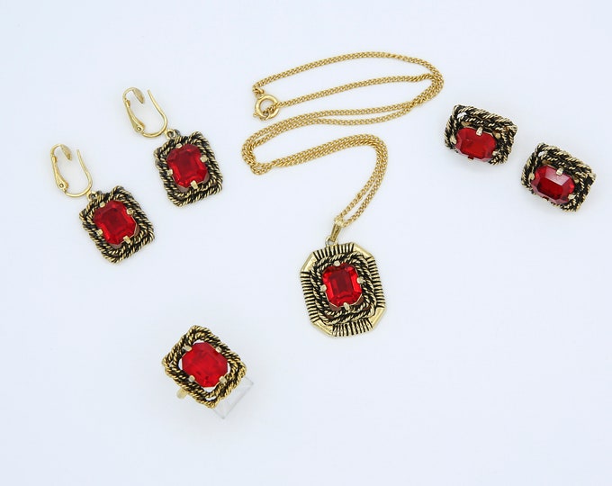 Vintage 1969 Sarah Coventry MAJORCA Ring Necklace Earrings Clip-on Red Rhinestone Gold Tone Set ...