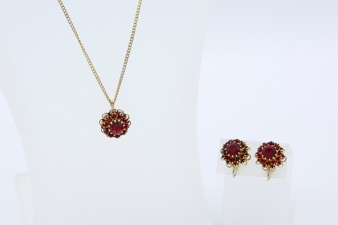 Vintage 1966 Sarah Coventry DEEP BURGUNDY Necklace Earrings Clip-on Red Rhinestone Gold Tone Set ...