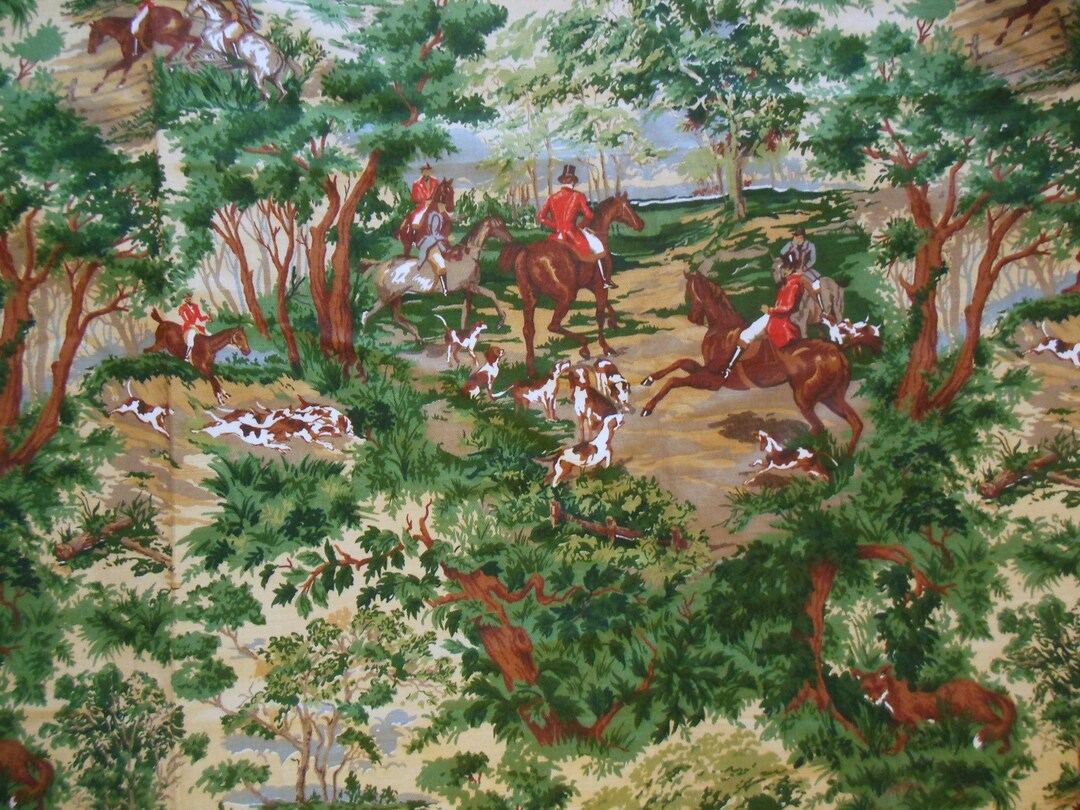 Vintage Schumacher "tally Ho" Fox Hunt Fabric Medium Weight Cotton or ...