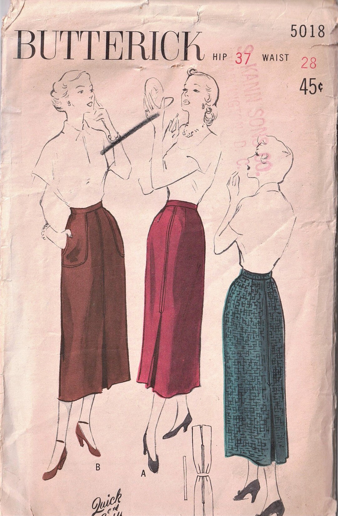 1940's Vintage Butterick Skirt Sewing Pattern 5018 Waist 28" Hip 37 ...