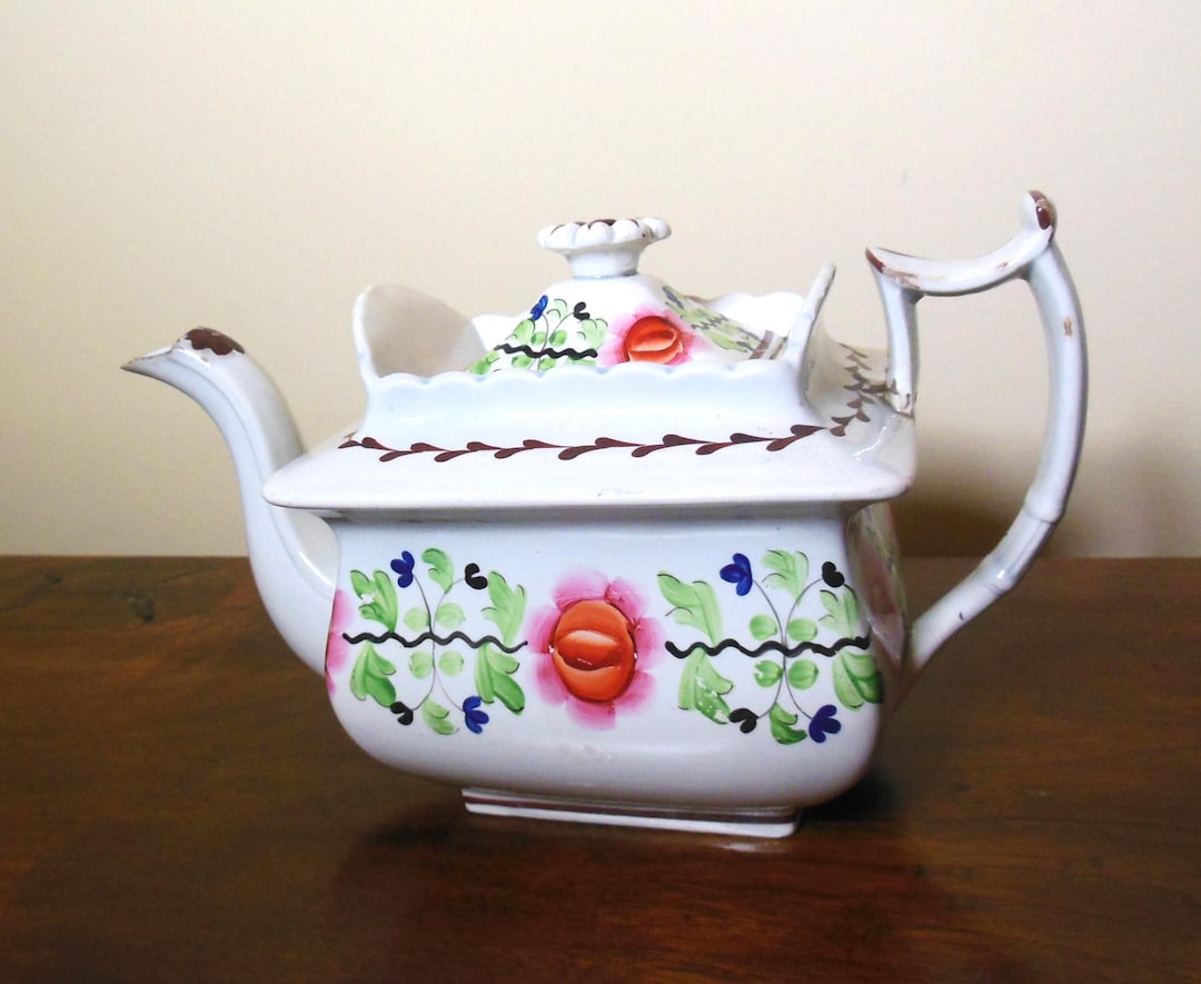 Antique Staffordshire Pearlware Teapot: Hand-painted Flowers & Vines ...