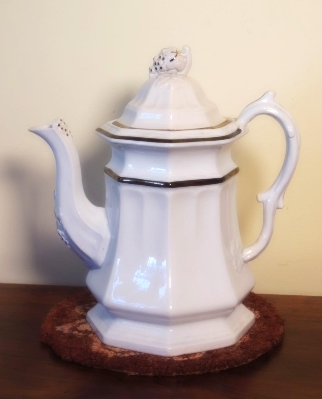 Antique White Ironstone Teapot: Gothic Grapes, Copper Luster Trim ...