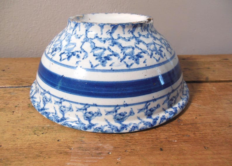 Antique Spongeware Bowl Blue White Striped 19th Century Salt Glazed 8 3 ...
