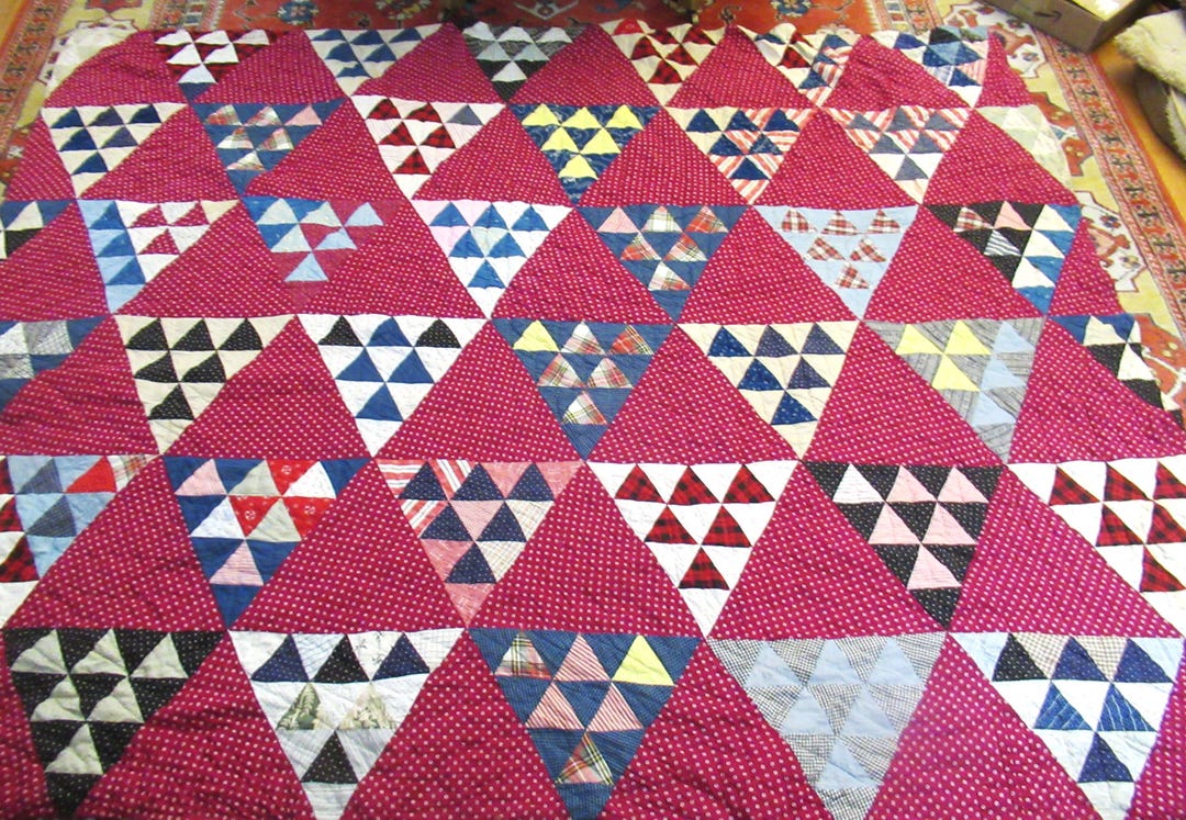 Antique Triangles Patchwork Quilt Maroon Navy Black Small Prints Plaids ...