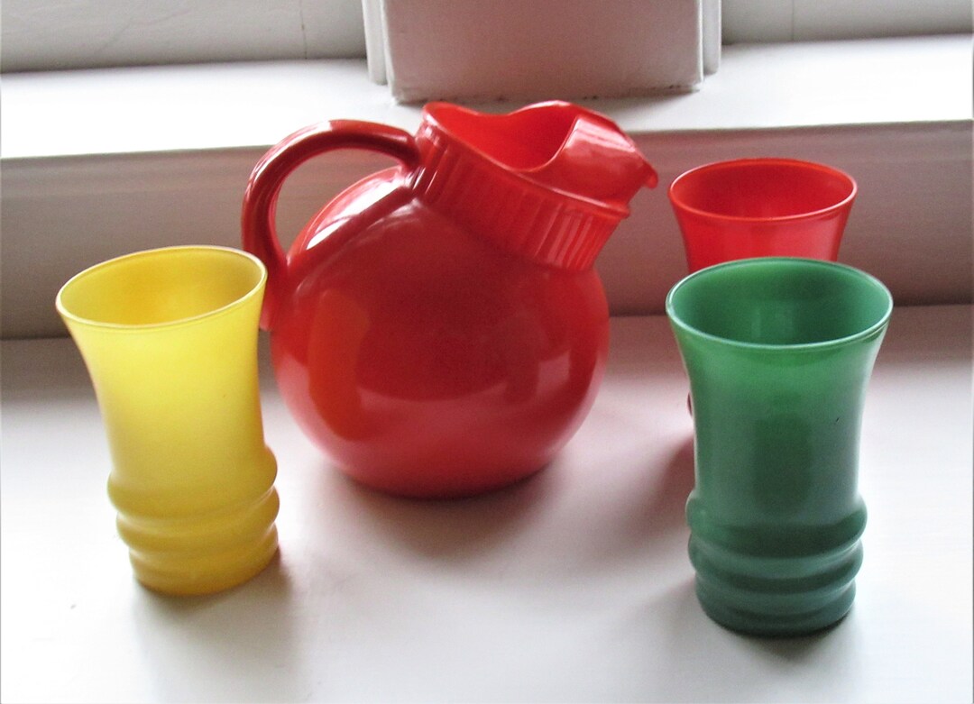 Vintage Fire King Rainbow Glass Pitcher Set: Tangerine Red, Green ...
