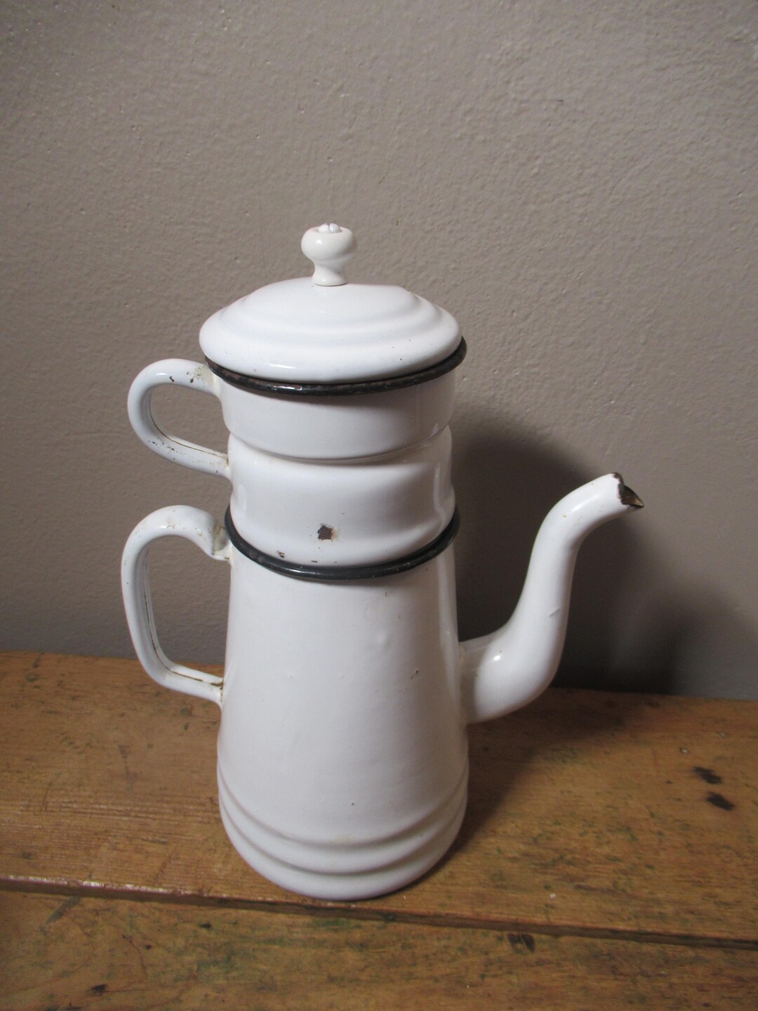 Vintage French Enamelware White Coffee Pot Black Accent 5 Pieces 11.25 ...