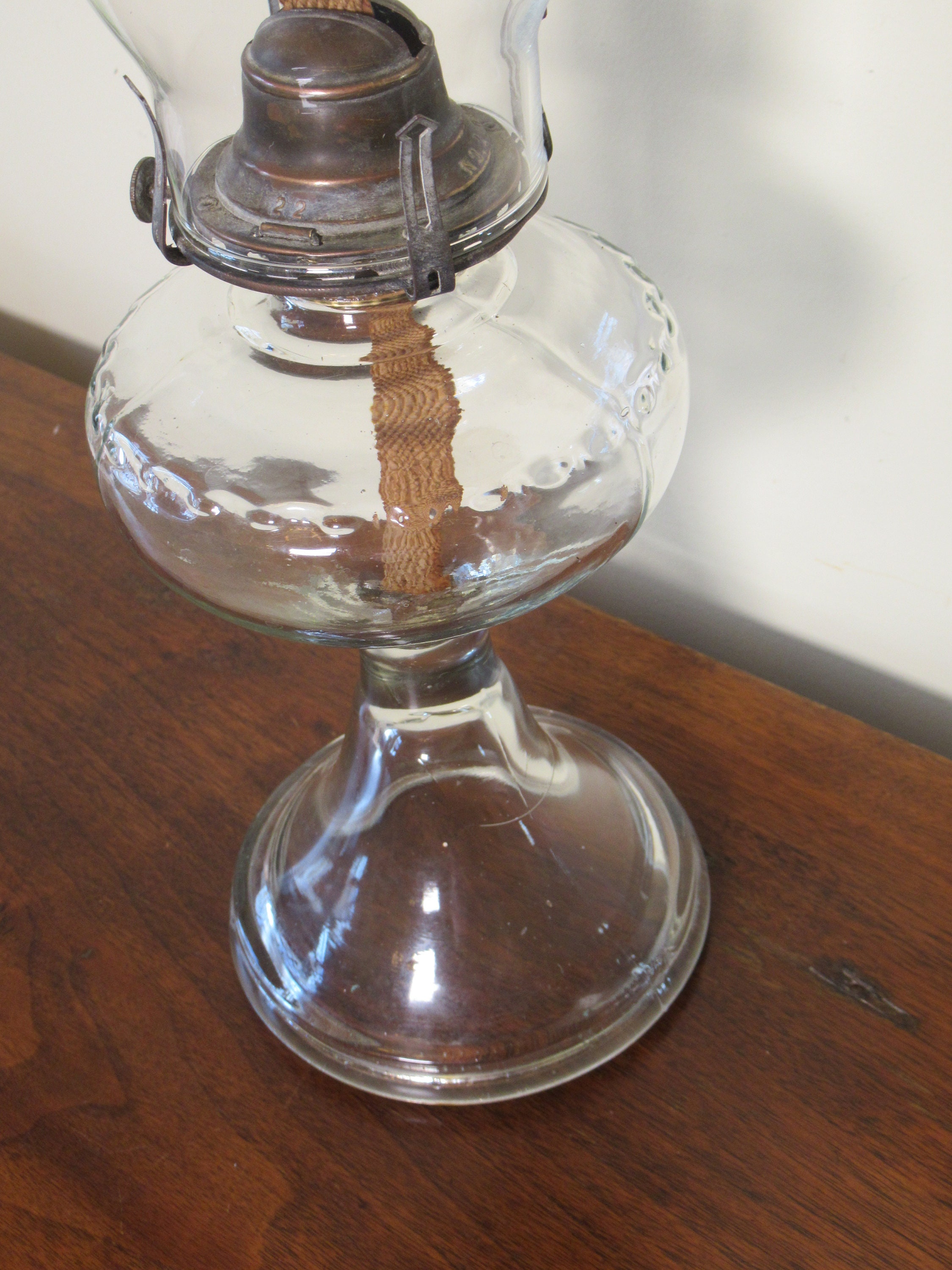 Antique Clear Glass Oil Lamp Pressed Design Top of Font Working Order W ...