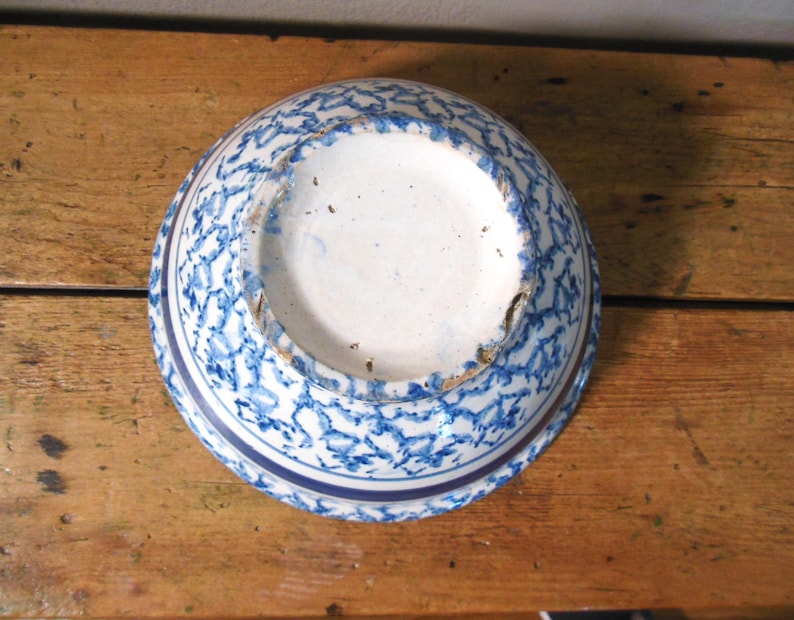 Antique Spongeware Bowl Blue White Striped 19th Century Salt Glazed 8 3 ...