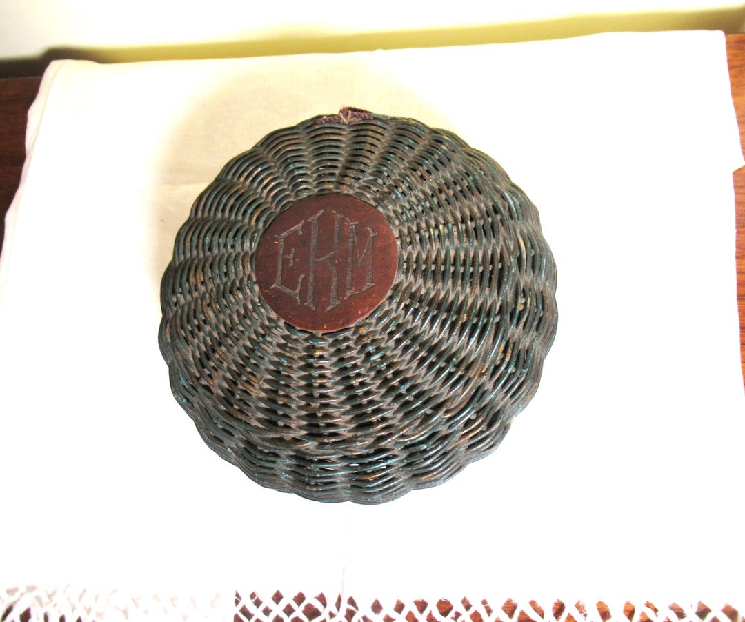 Antique Arts & Crafts Wicker Sewing Basket: Green Painted Keepsake Box ...