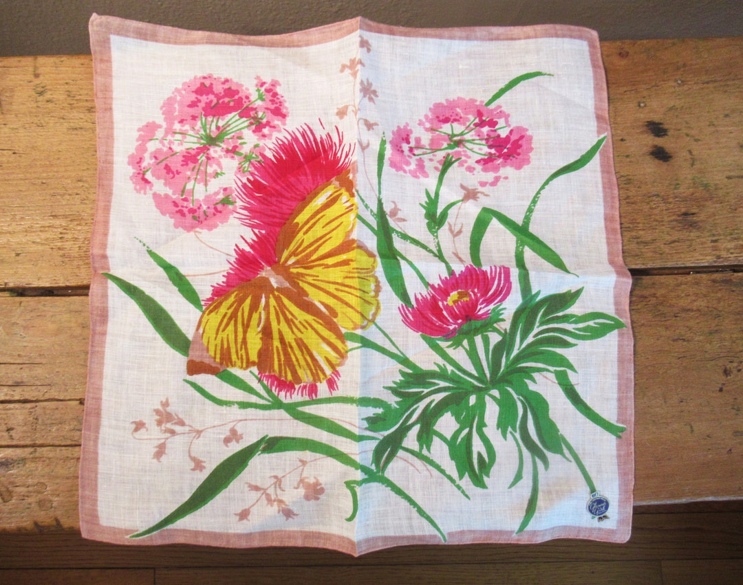 Vintage Linen Handkerchief: Butterfly & Spring Flowers, Hand-rolled Hem ...