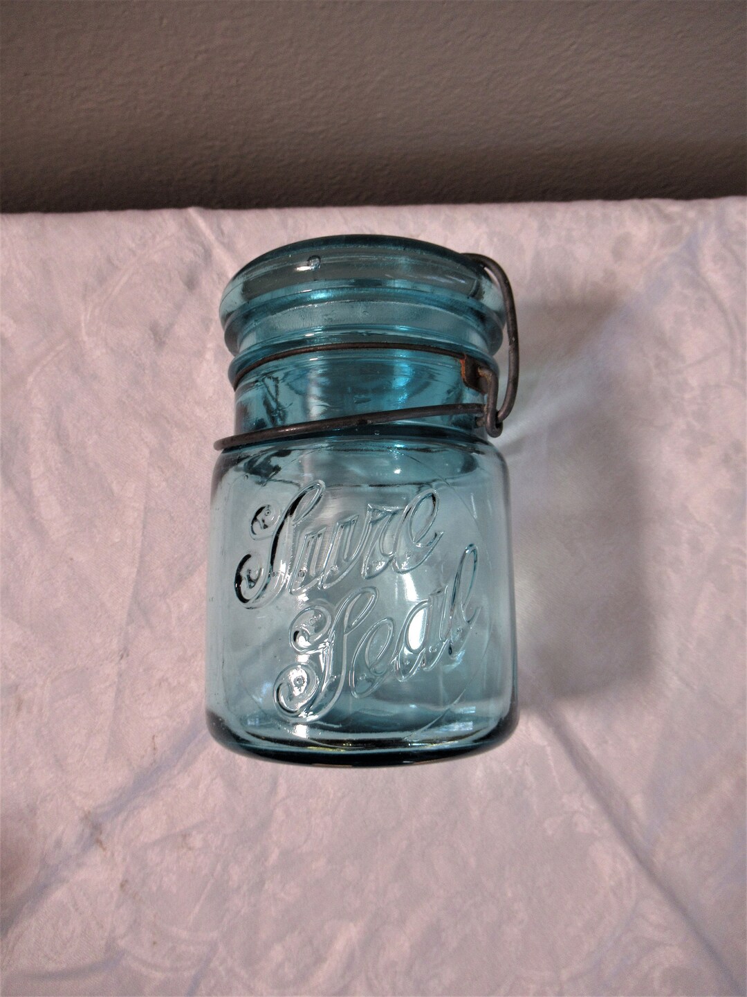 Antique Aqua Pint Canning Jar Sure Seal script Wired Glass Lid 5.5 Tall ...