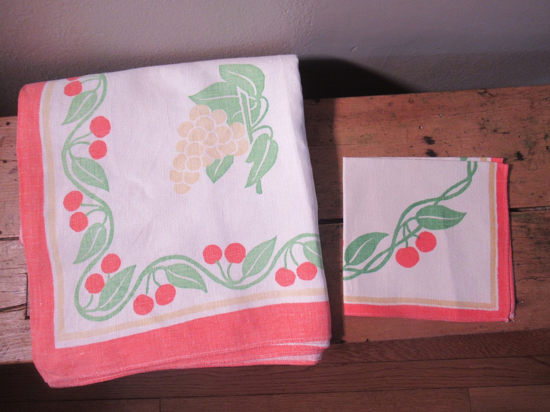 Vintage 1920' S Arts & Crafts Linen Fruits Tablecloth 68" X 50" + 1 ...