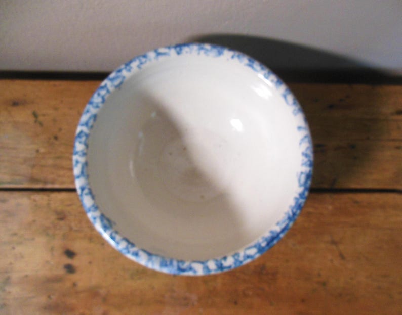 Antique Spongeware Bowl Blue White Striped 19th Century Salt Glazed 8 3 ...