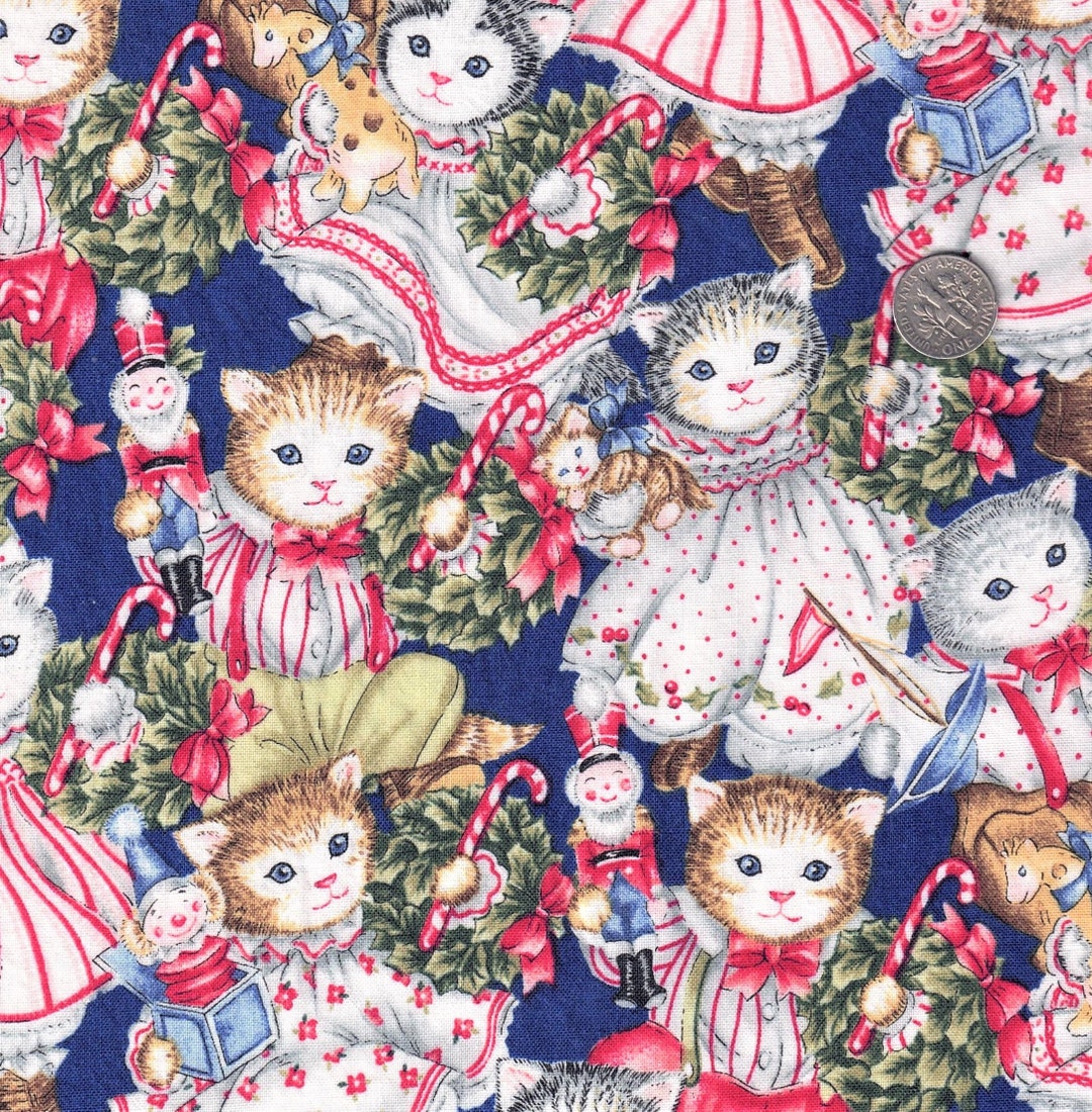 Vintage Christmas Kitty Cucumber Cotton Fabric Blue 44 W BTHY Quilt Wt ...