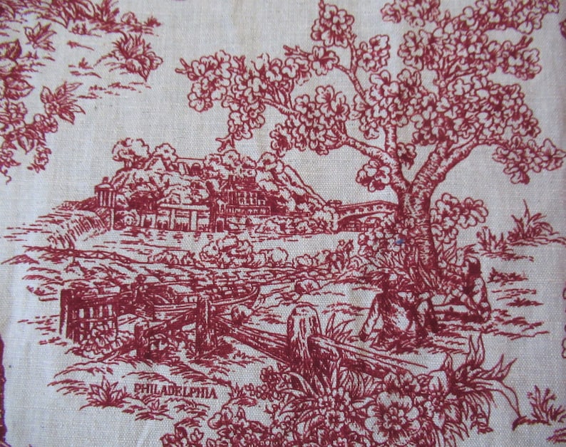 Vintage Red Toile Linen Fabric: Colonial Harbor Towns Print, 50"w - Mid ...