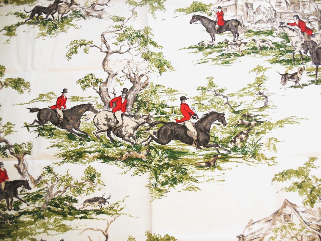 Mid-century Kandell Fox Hunt Fabric: Tally-ho Decorator Cotton 46" W X ...