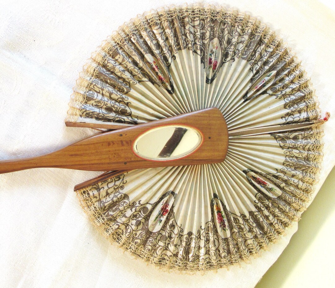 Antique Round Cockade Wood Hand Fan W/oval Mirror & Painted Inlay ...