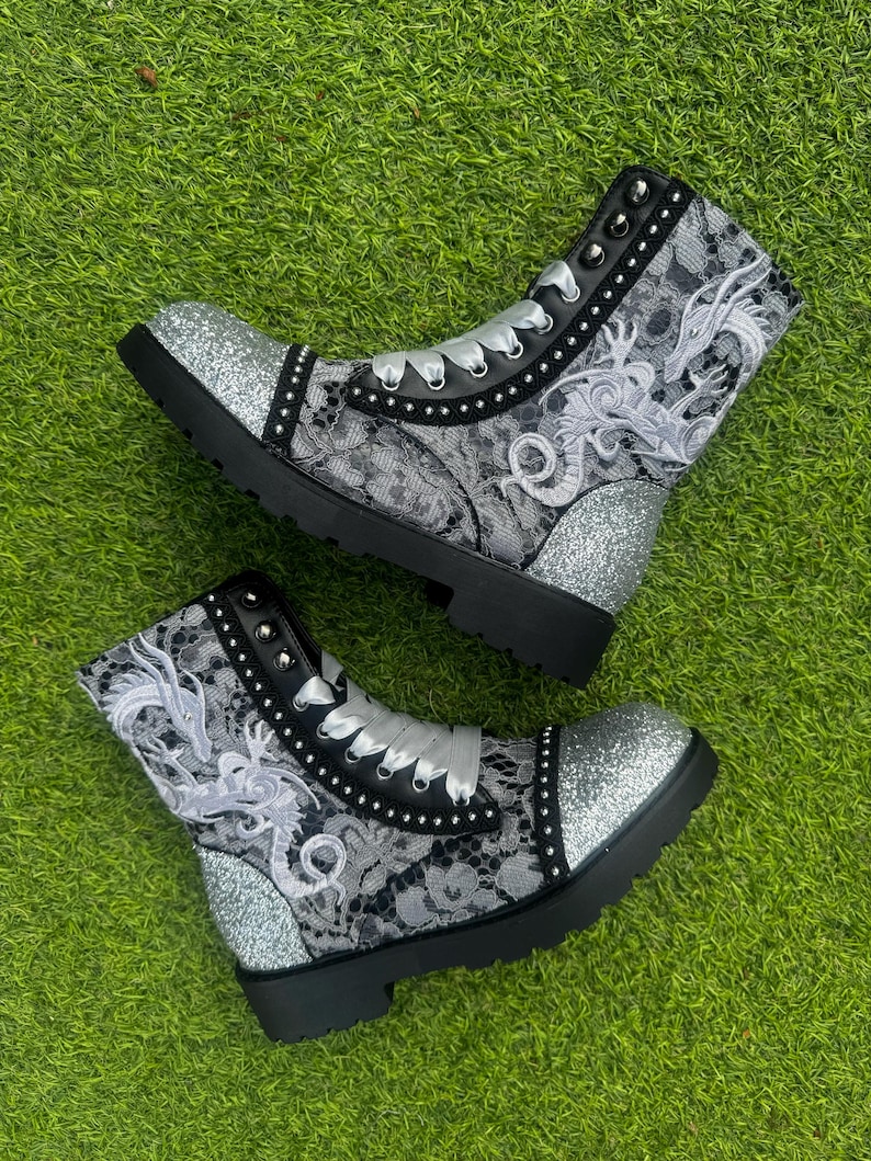 Silver Dragon Boots, Dragon Lace Boots, Silver Lace Boots, Silver ...