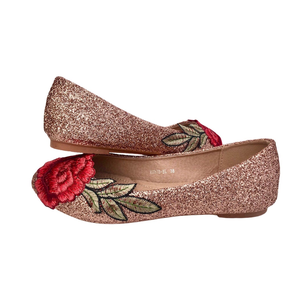 Rose Glitter Flats, Rose Gold Flats, Red Rose Shoes, Rose Ballerina ...