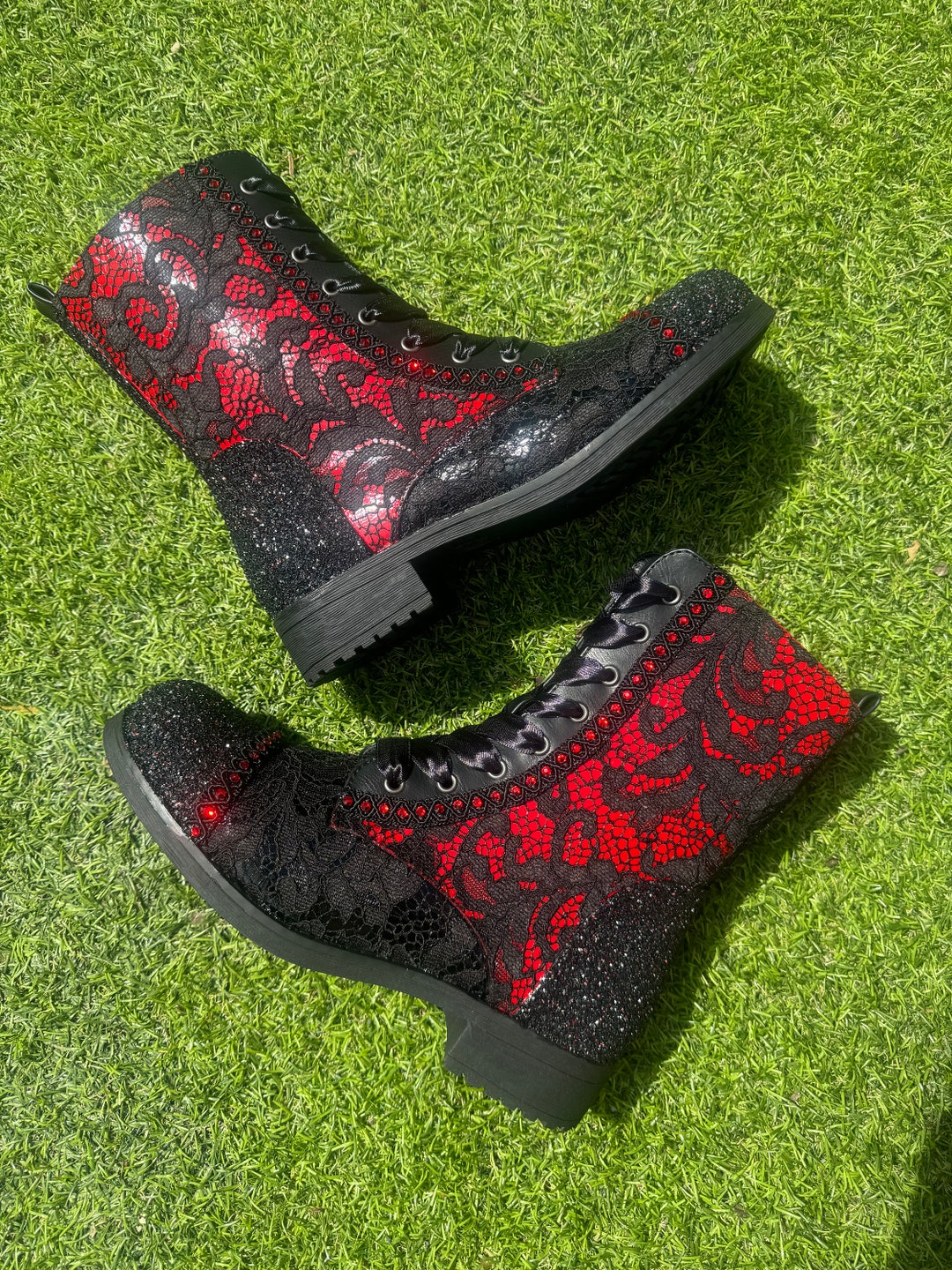 Red Gothic Combat Boots, Black Lace Boots, Vampire Boots, Gothic ...