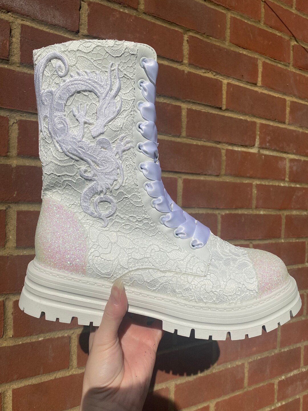 All White Dragon Boots, Dragon Lace Boots, White Lace Boots, White ...