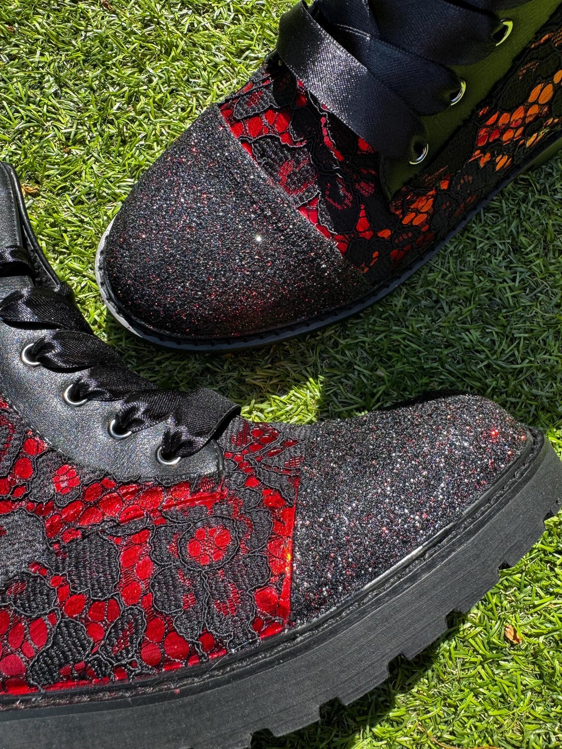 Red Foil Deluxe Nevermore Boots, Red Foil Lace Boots, Combat Bridal ...