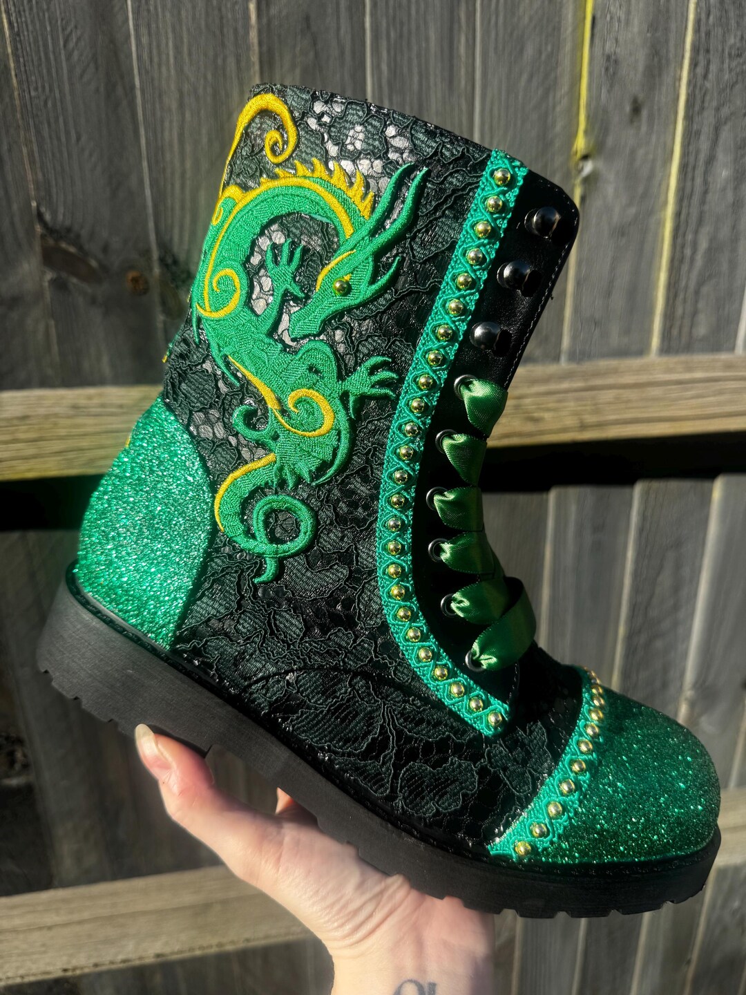 Embroidered Dragon Glitter Boots, Emerald Green Combat Style, Custom ...