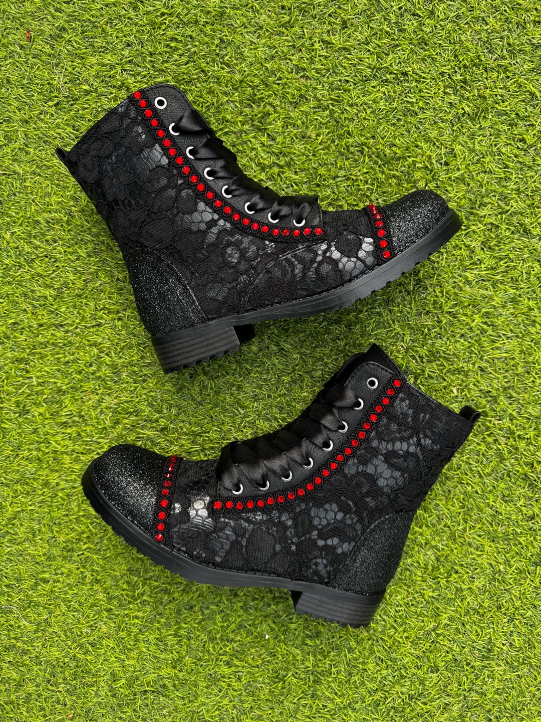 Red Crystal Black Glitter Lace Combat Boots, Alternative Wedding - Etsy