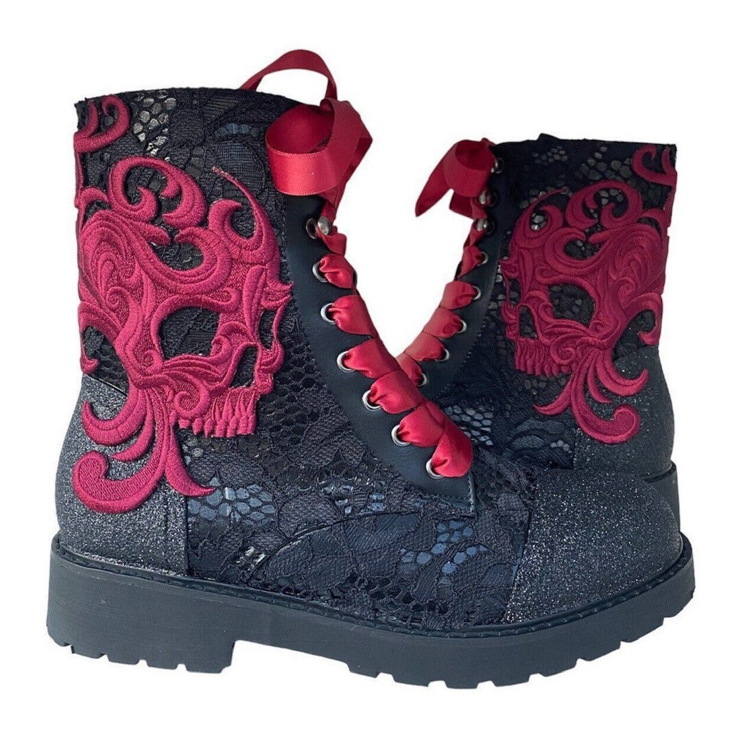 Burgundy Skull Boots, Skull Lace Boots, Black Lace Boots, Black Bridal ...