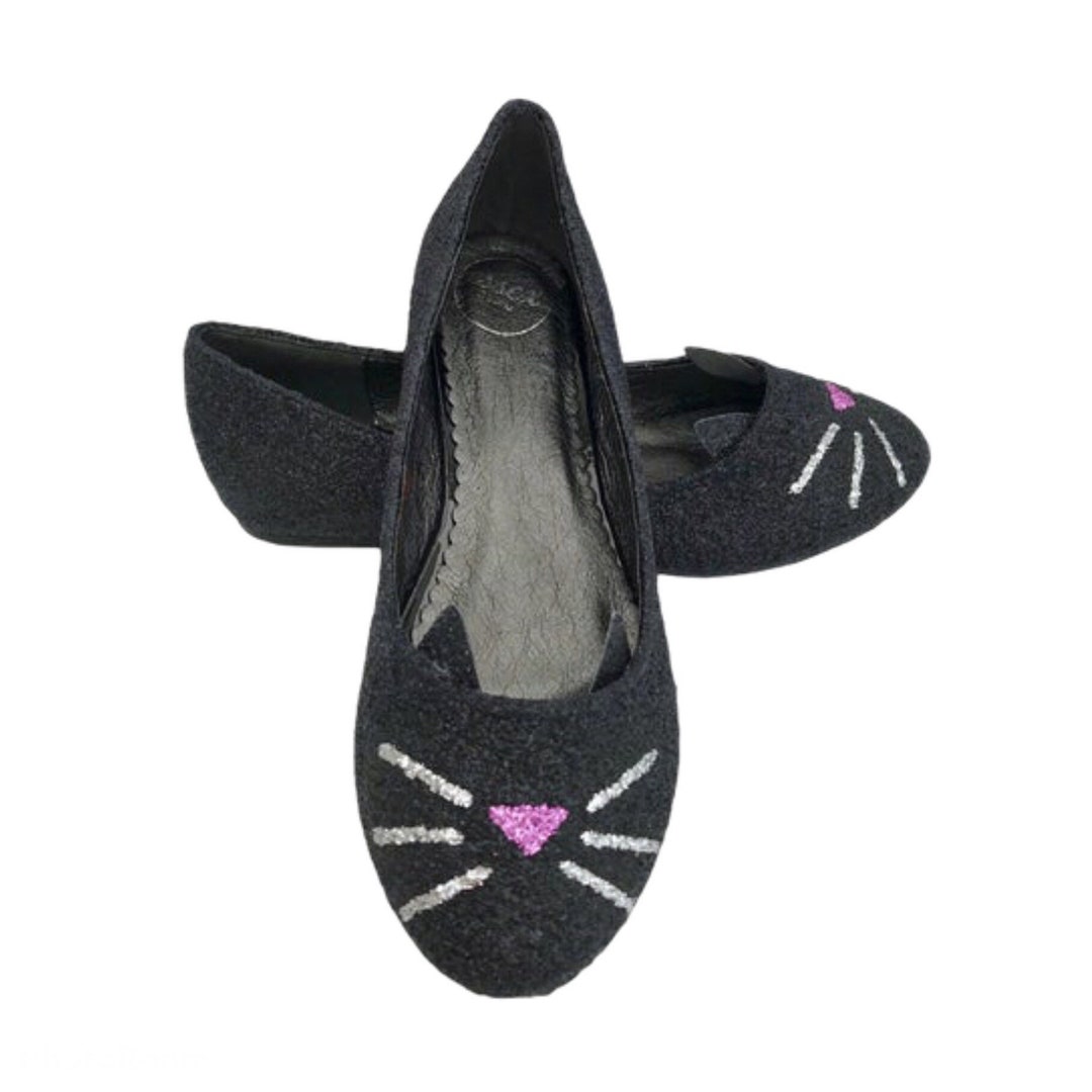 Black Cat Shoes, Cat Ballet Flats, Cat Glitter Shoes, Black Cat Flats ...