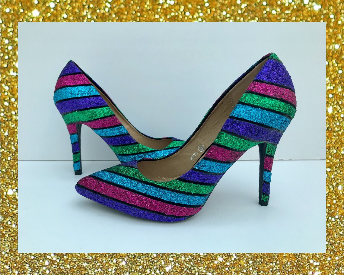 Glitter Stripe Heels Designer Glitter Heels Point Toe Heels - Etsy UK