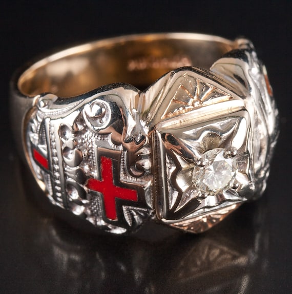 Vintage 1960 s 10k Yellow White Gold Diamond Knights Templar Masonic Ring .34ct Etsy