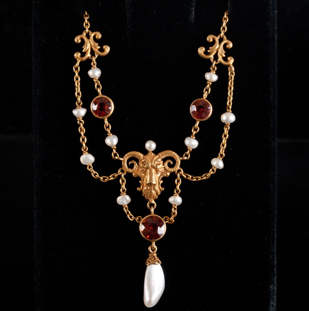 Vintage 1920's 14k Yellow Gold Mandarin Garnet Pearl Dangle Ram ...