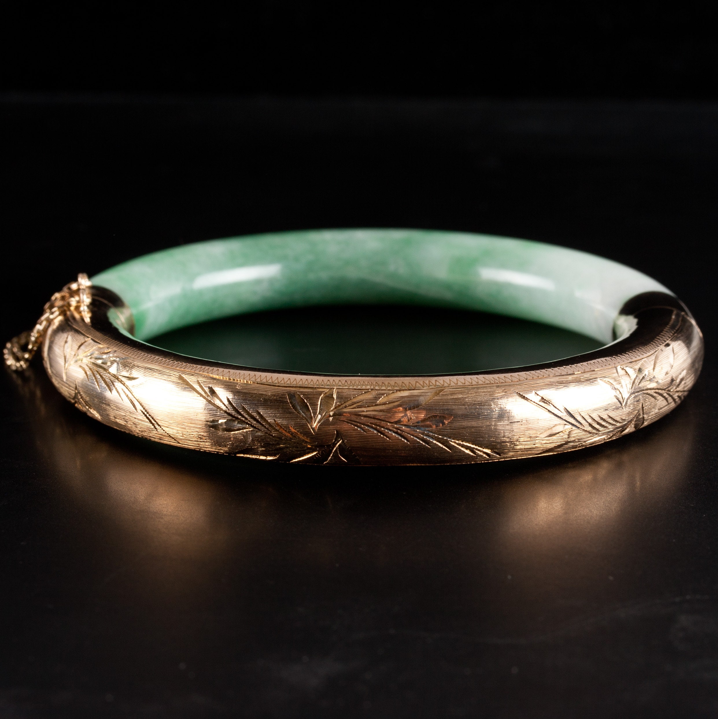 Vintage 1960's 14k Yellow Gold Jade Hinged Bangle Style Bracelet 49.4g ...