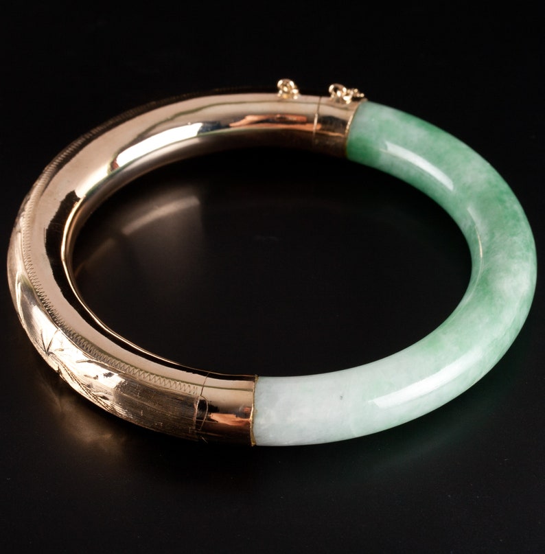 Vintage 1960's 14k Yellow Gold Jade Hinged Bangle Style Bracelet 49.4g ...