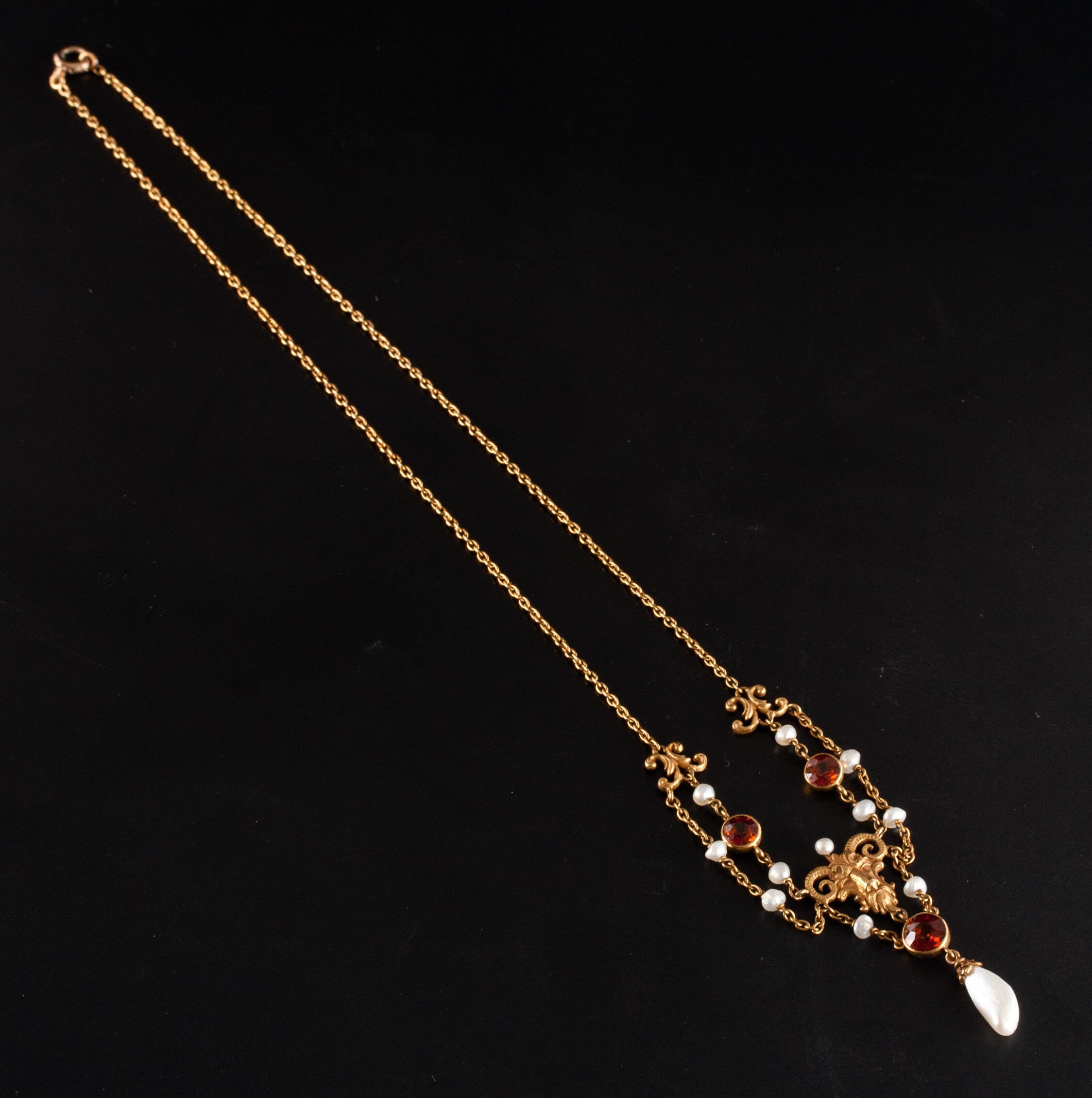 Vintage 1920's 14k Yellow Gold Mandarin Garnet Pearl Dangle Ram ...