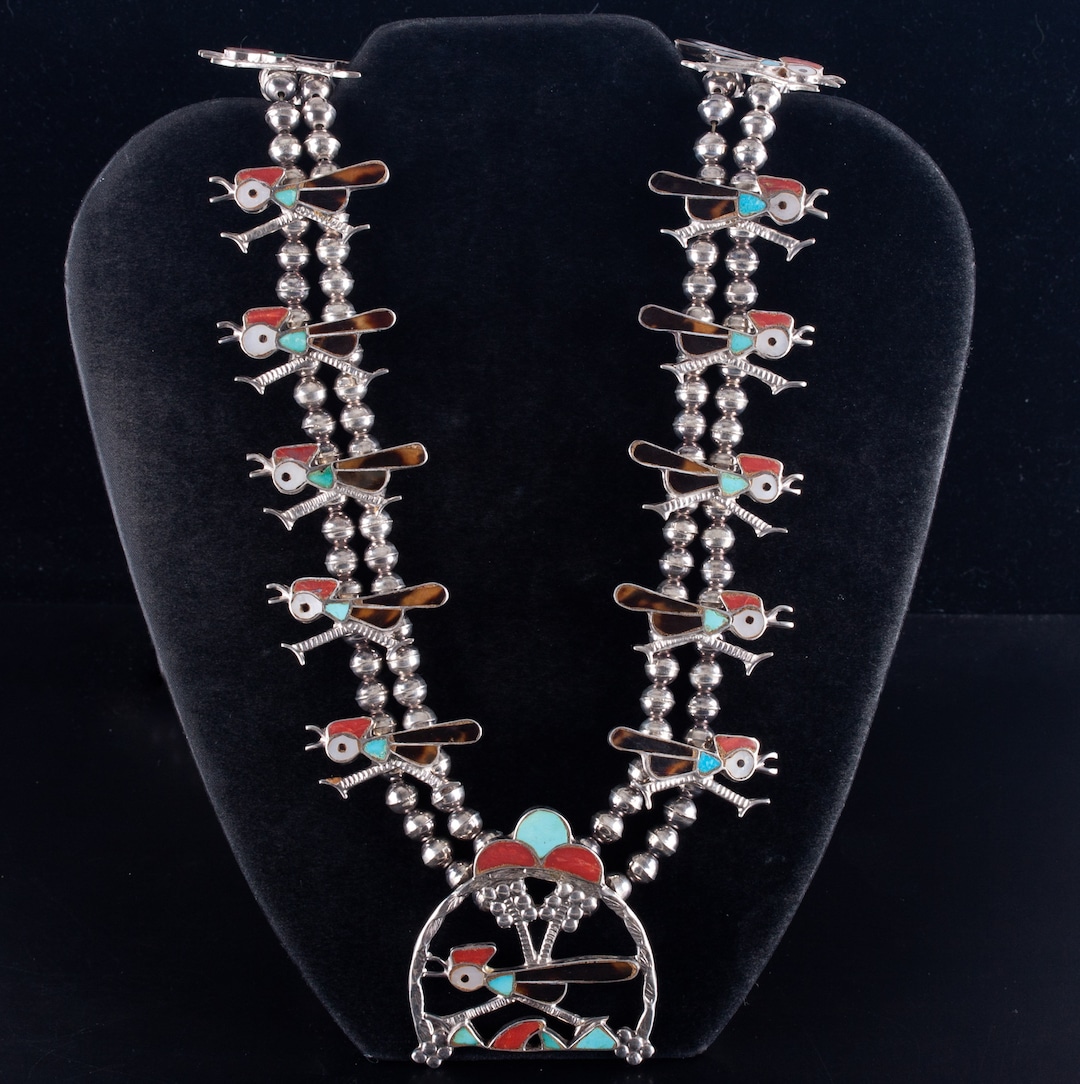 Vintage 1950's Sterling Silver Zuni Road Runner Squash Blossom Necklace ...