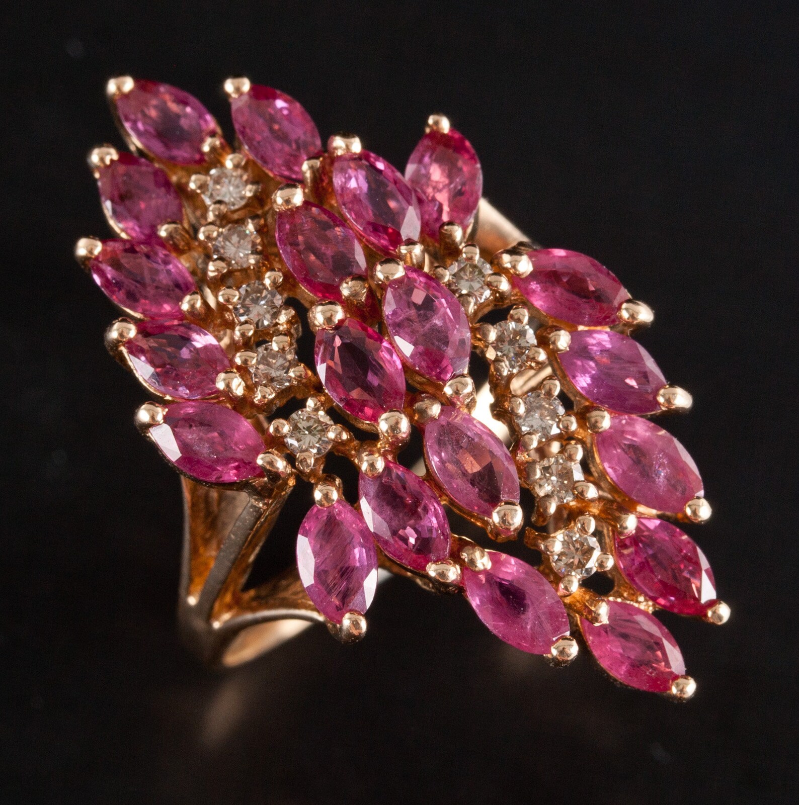 Vintage 1960's 14k Yellow Gold Ruby Diamond Cluster Cocktail Ring 5 ...