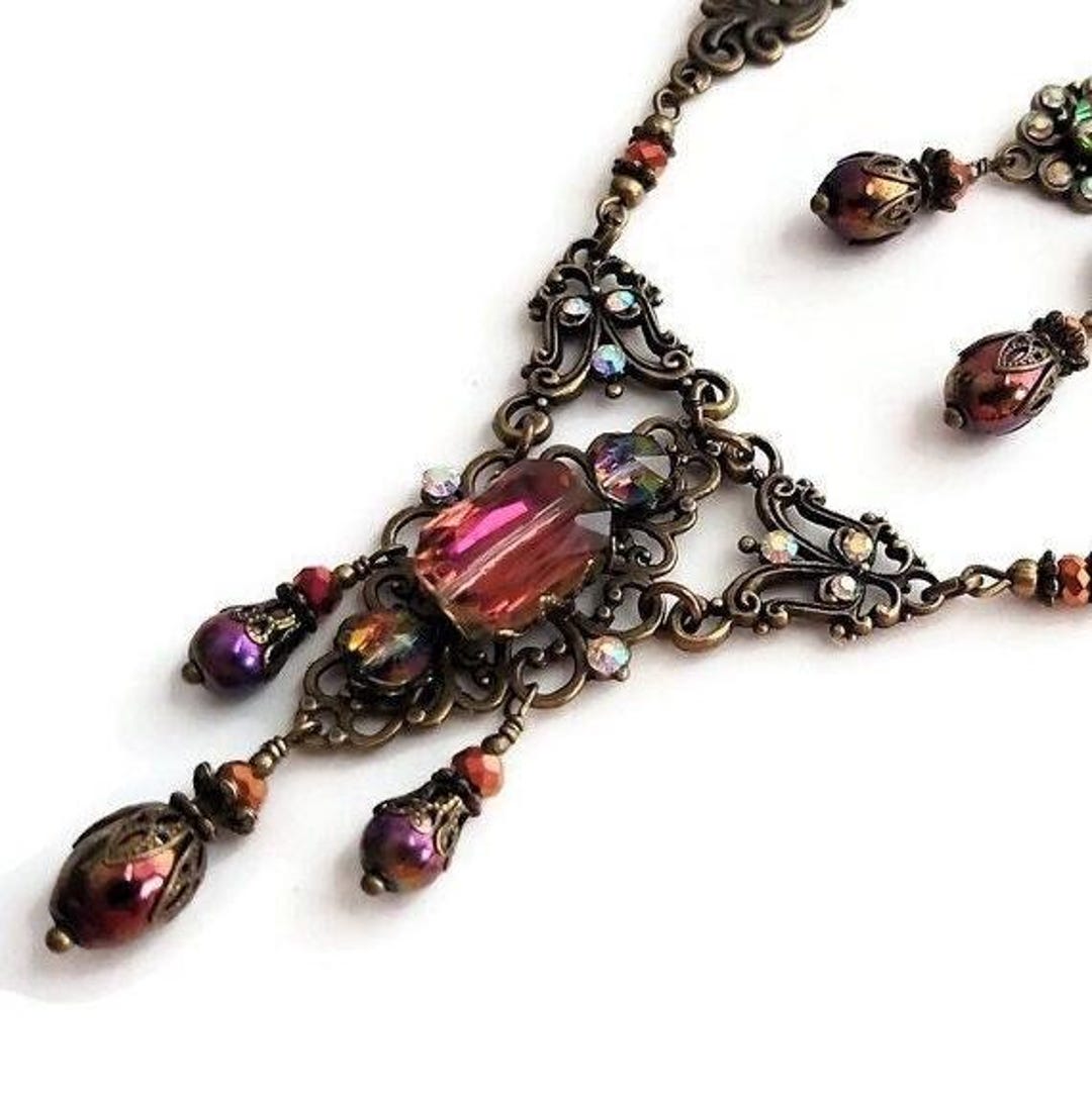 Ruby Red Victorian Necklace Earrings Set, Brass Filigree Rhinestone Choker Necklace, Statement ...