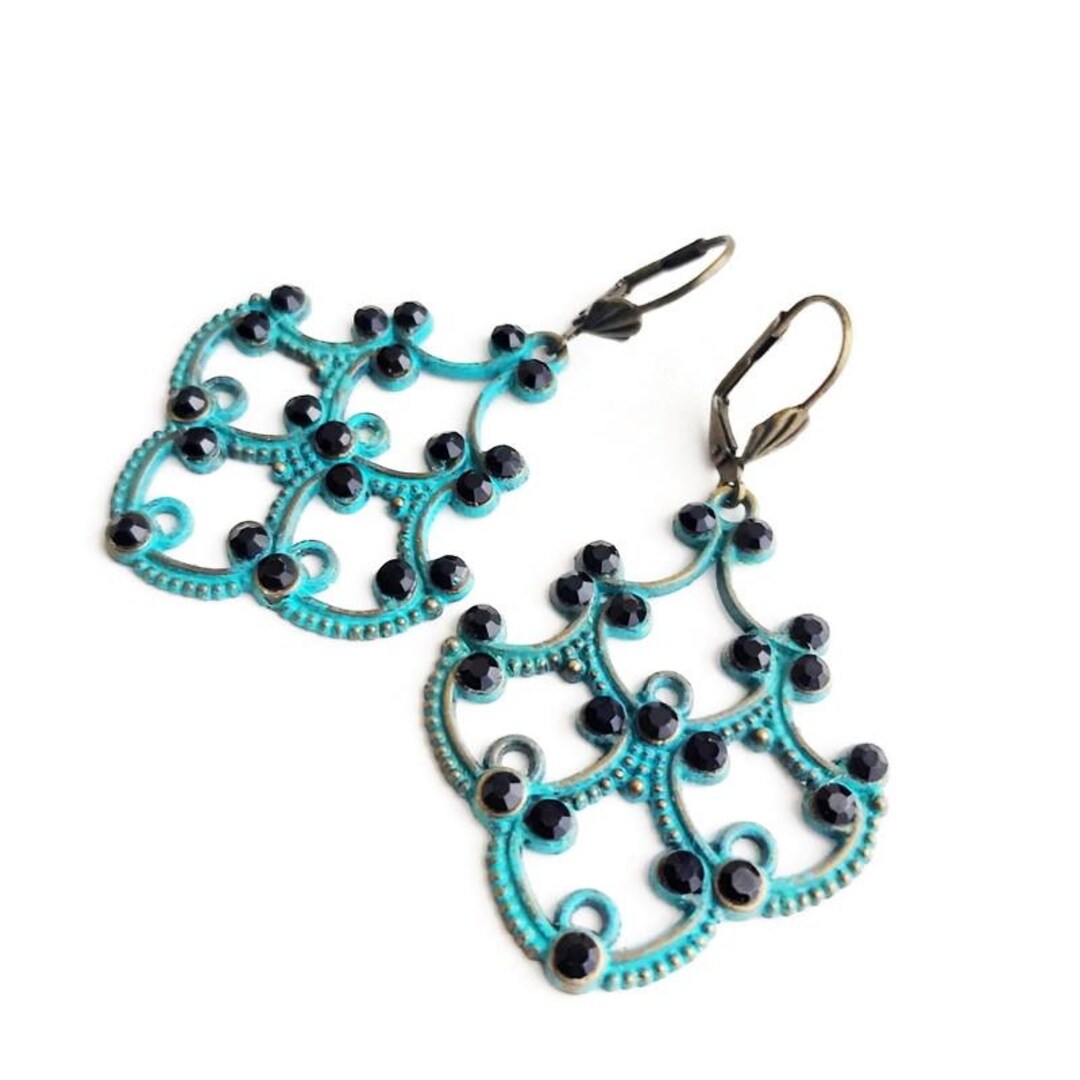 Large Verdigris Patina Chandelier Earrings, Brass Filigree Black ...