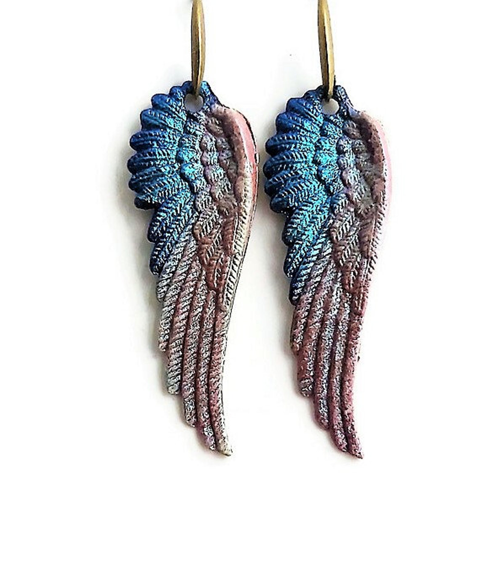 Iridescent Angel Wing Earrings, Color Shifting Blue Pink Large Dangles ...