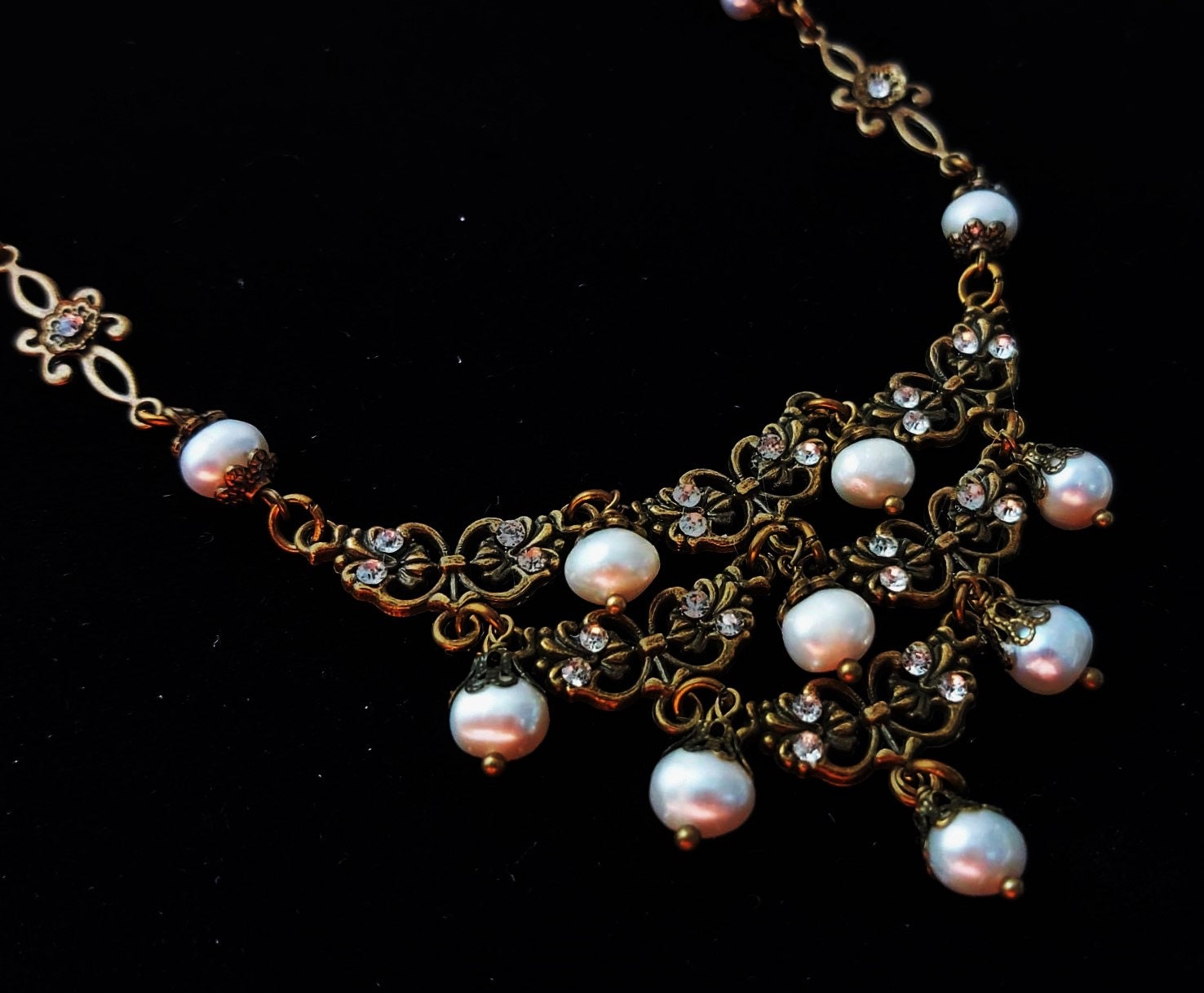 Freshwater Pearl Victorian Bridal Necklace Earrings, Brass Filigree ...