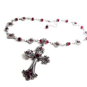 Dark Red Gothic Cross Necklace Earrings, Silver Filigree Crystal ...