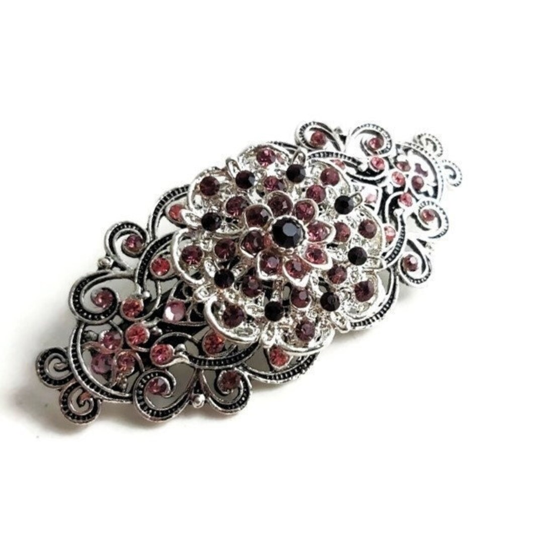 Wine Red and Pink Crystal French Barrette, Art Nouveau Bling Floral ...