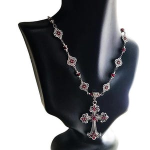 Dark Red Gothic Cross Necklace Earrings, Silver Filigree Crystal ...