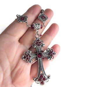 Dark Red Gothic Cross Necklace Earrings, Silver Filigree Crystal ...