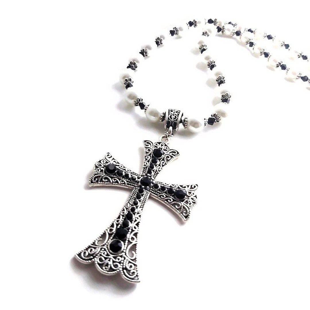 White Pearl and Black Gothic Cross Necklace, Silver Filigree Large ...