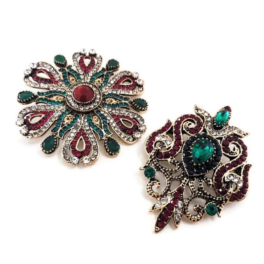 Ruby and Emerald Victorian Crystal Brooch Pendant, Golden Brass ...