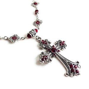 Dark Red Gothic Cross Necklace Earrings, Silver Filigree Crystal ...